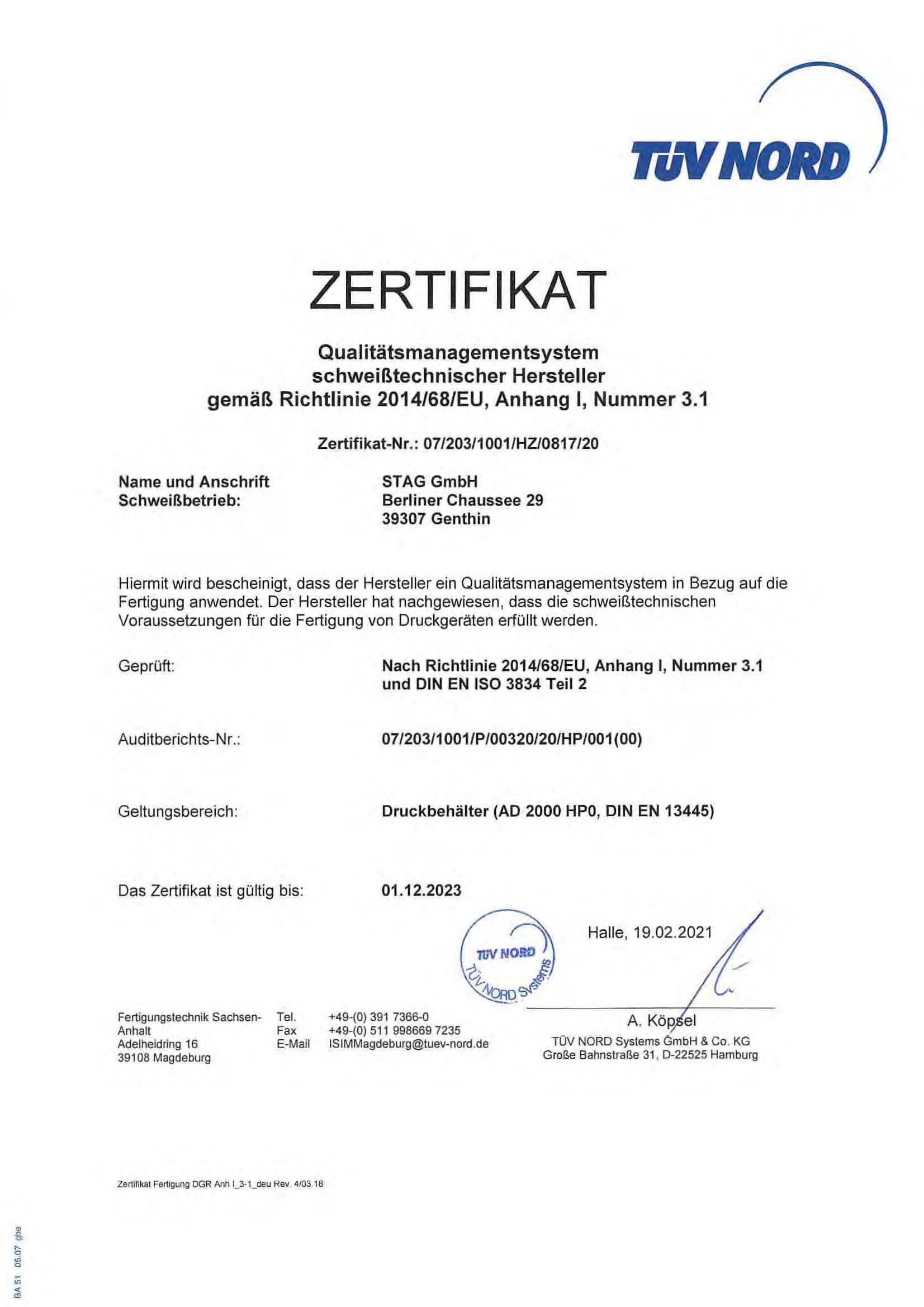 Zertifizierungen/Zulassungen - STAG GmbH